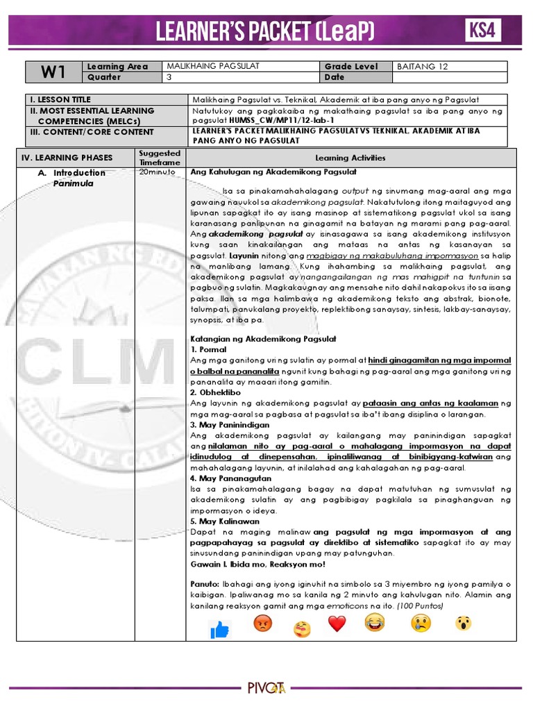 HUMSS12-Malikhaing Pagsulat-Q3-W1-LeaP | PDF