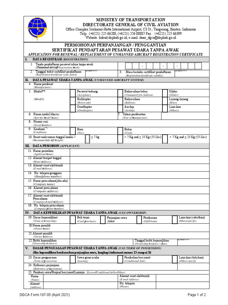 DGCA Form No 107 05 UA Renewal or Replacement of Registration ...