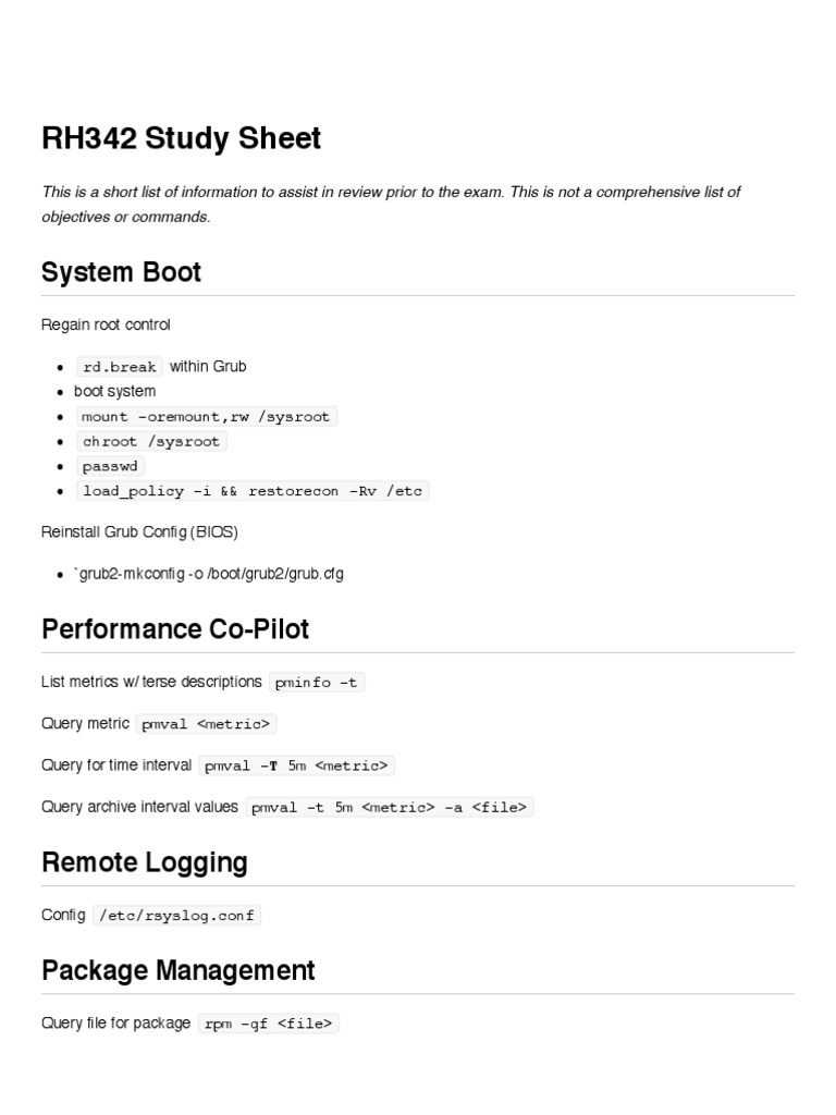 RH342 Study Sheet: System Boot | PDF | File System | Operating System Technology