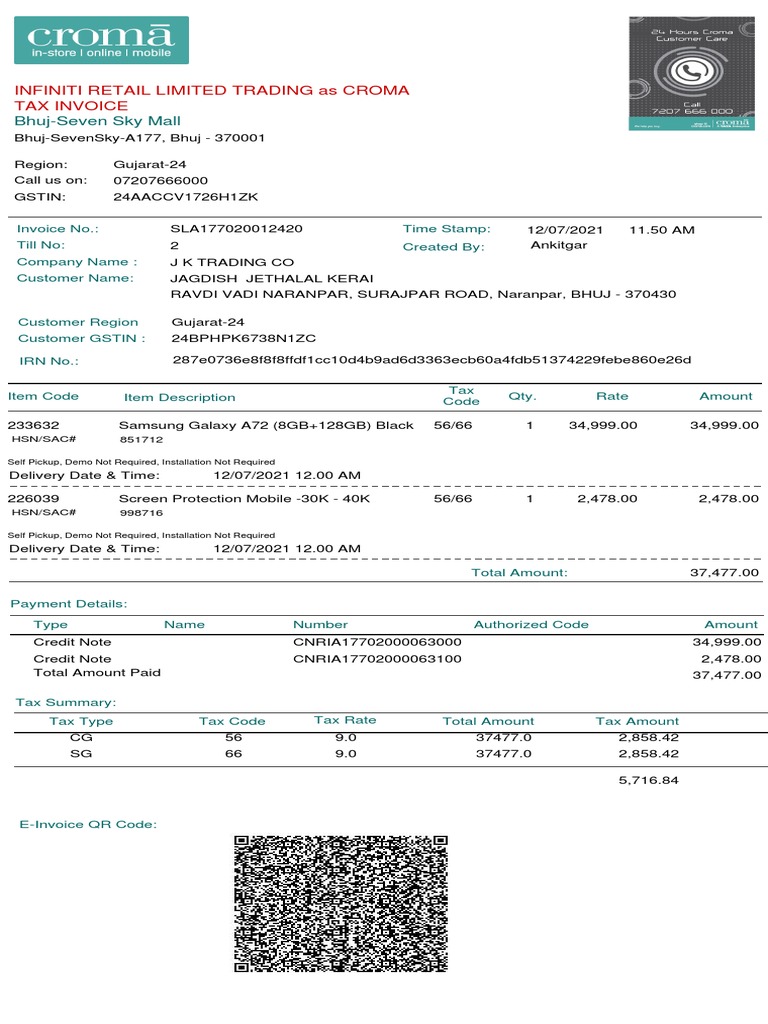 Bhuj-Seven Sky Mall: Tax Invoice Infiniti Retail Limited Trading As ...