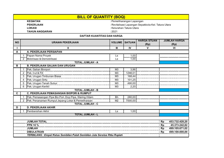 Bill of Quantity (Boq) : TERBILANG: Empat Ratus Sembilan Puluh Sembilan ...