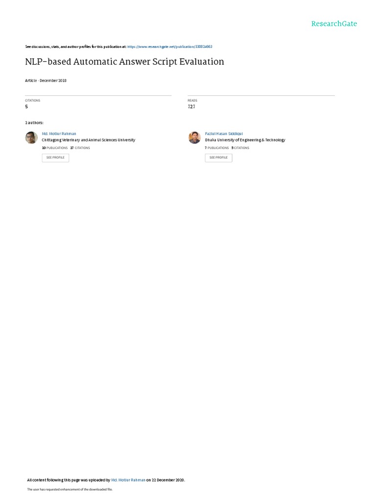 NLP Based Automatic Answer Script Evaluation | Download Free PDF ...