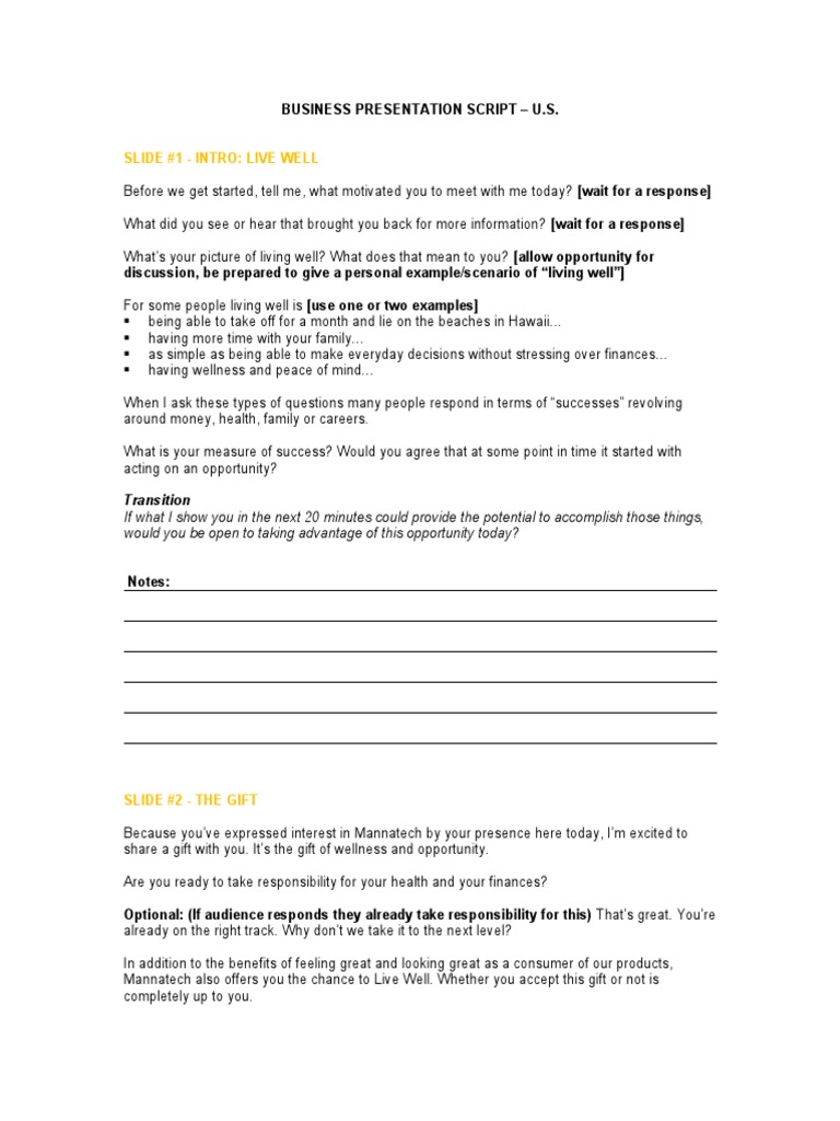 Slide #1 - Intro: Live Well: Business Presentation Script - U.S | PDF ...