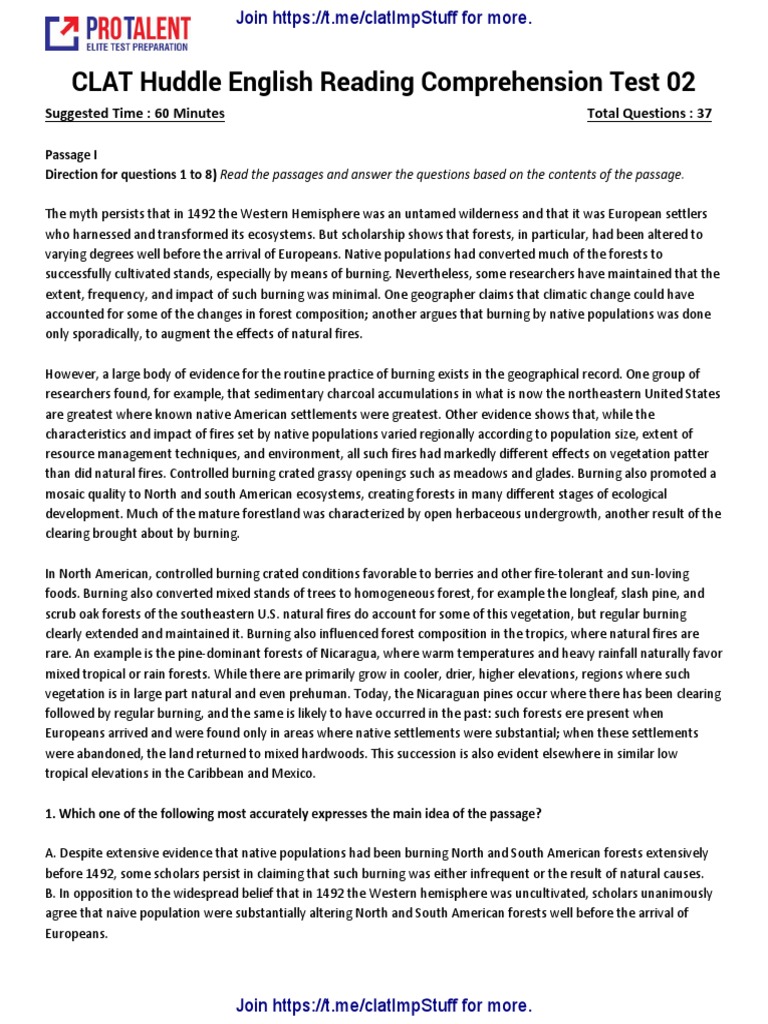 CLAT Huddle English Reading Comprehension Test 02: Suggested Time: 60 ...