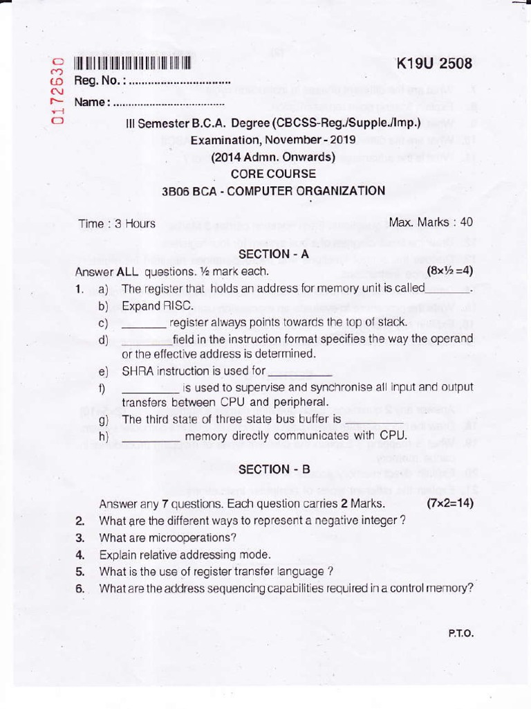 Kannur University Bca III Nov2019 Computer Organization | PDF | Computer Engineering ...