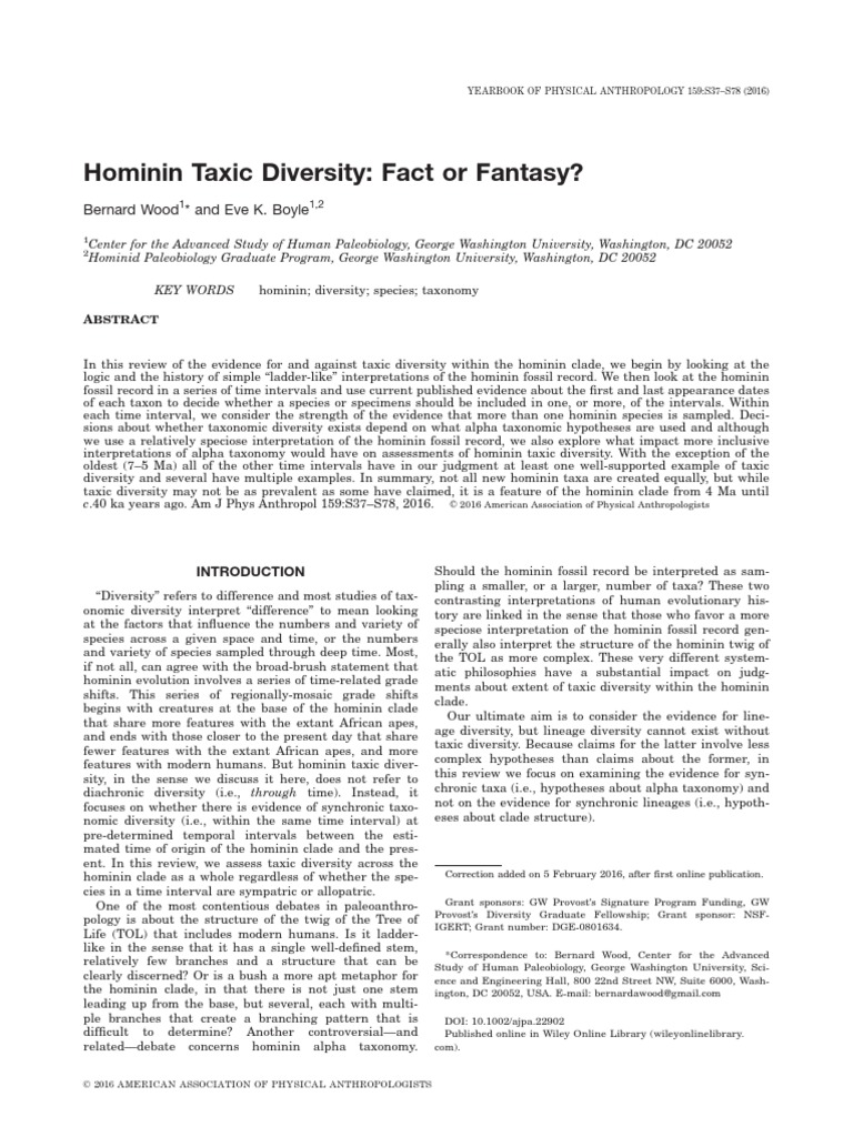 Hominin Taxic Diversity: Fact or Fantasy?: Bernard Wood and Eve K ...