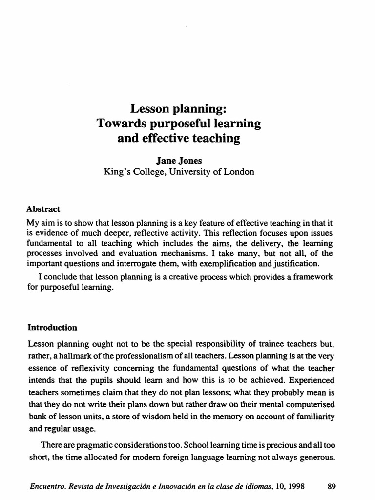 Lesson Planning: Towards Purposeful Learning and Effective Teaching ...