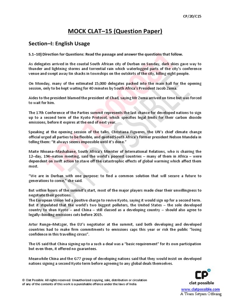 CP CLAT Mock 15 Ques | PDF | Kyoto Protocol