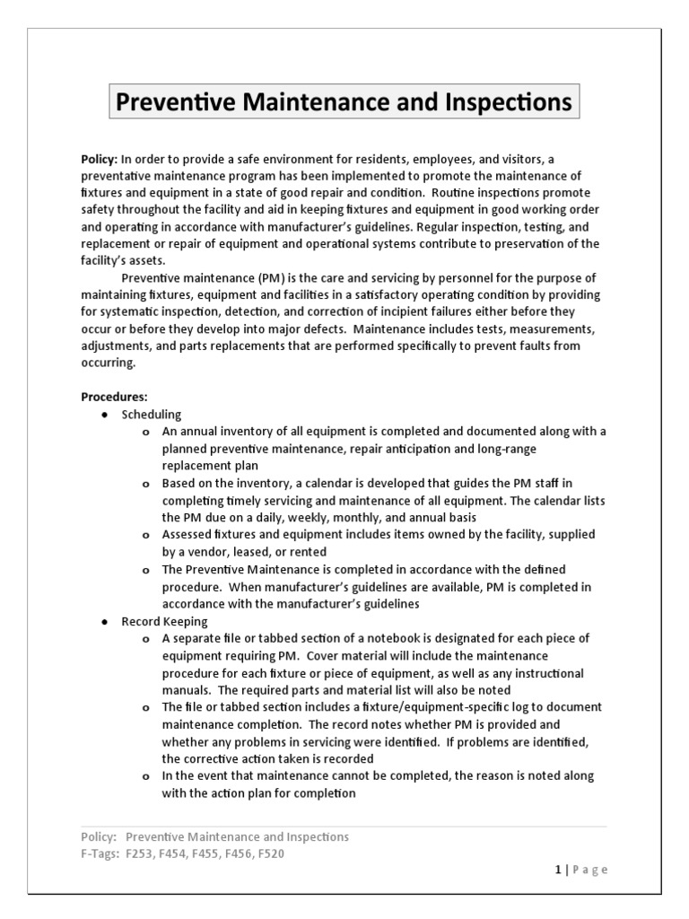 Preventive Maintenance and Inspections Policy | PDF | Mechanical ...