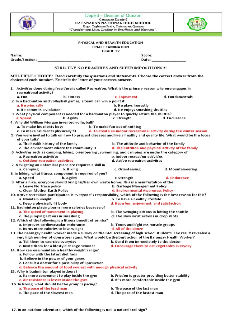Grade 12 4th Quarter Exam Answer Key | PDF | Preventive Healthcare ...