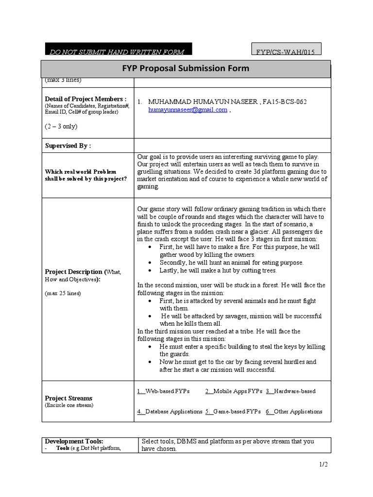 FYP Proposal Submission Form: Do Not Submit Hand Written Form | PDF ...