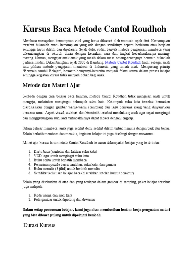 Kursus Baca Anak Metode Cantol Roudhoh | PDF