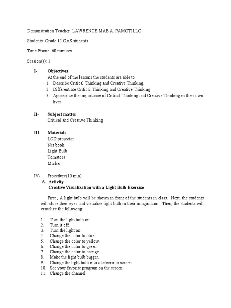Critical Thinking Lesson Plan for Grade 12 | PDF | Critical Thinking ...