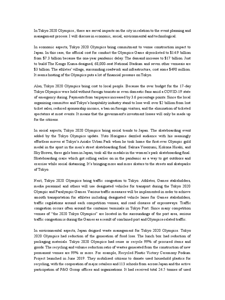 Tokyo 2020 Olympics impacts on city planning, economy, society and ...