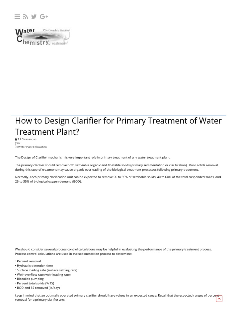 How To Design Clarifier For Primary Treatment of Water Treatment Plant | PDF | Water ...