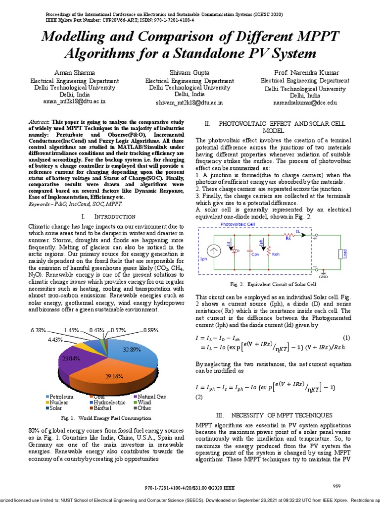 Modelling and Comparison of Different MPPT Algorithms For A Standalone PV System | PDF ...