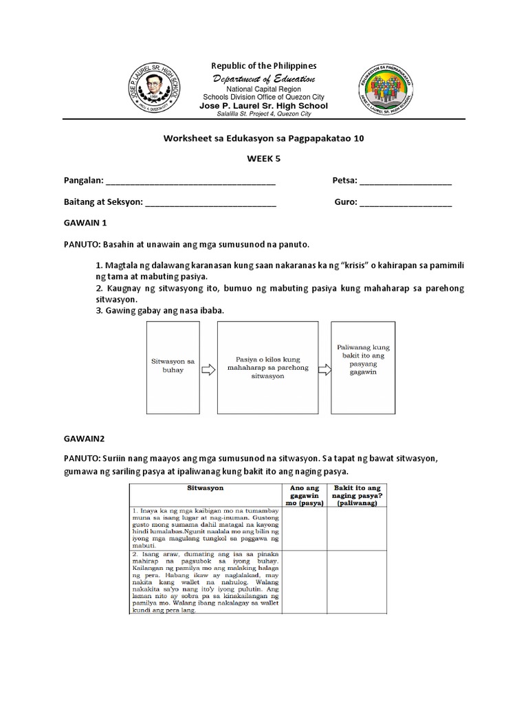 EsP 10 WORKSHEET WEEK 5 | PDF