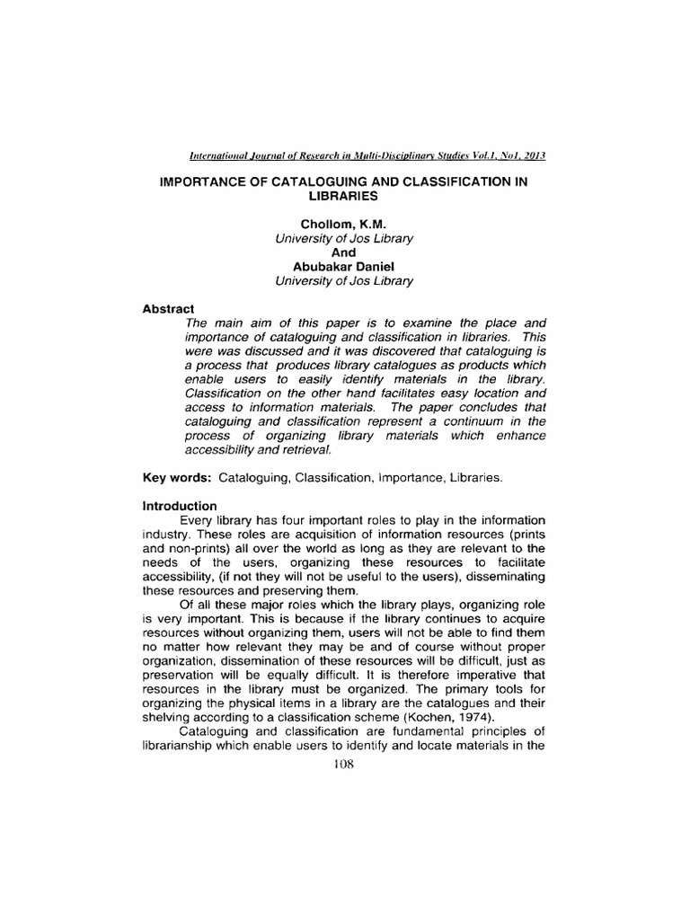 Importance of Cataloguing and Classification in Libraries | PDF