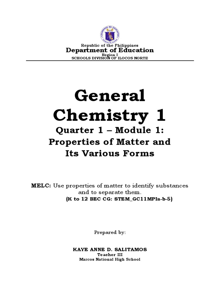 General Chemistry Module 1 Republic of The Philippines | PDF | Metals | Solubility