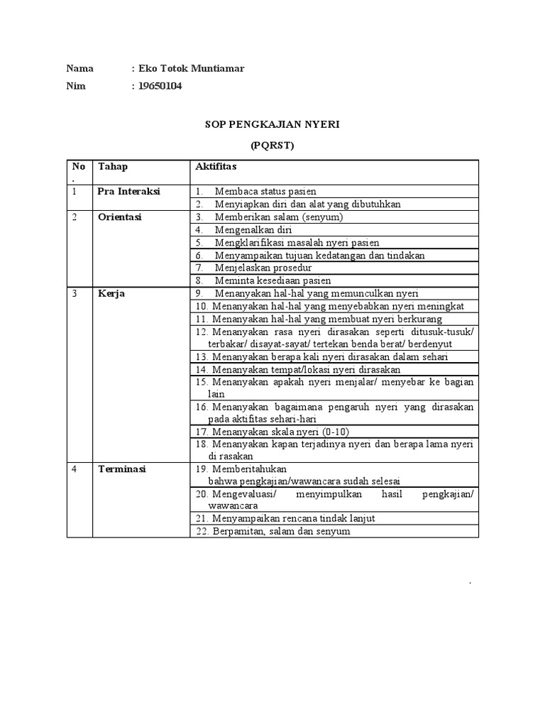 Sop Pengkajian Nyeri PQRST No Tahap Aktifitas Pra Interaksi Orientasi PDF Free | PDF