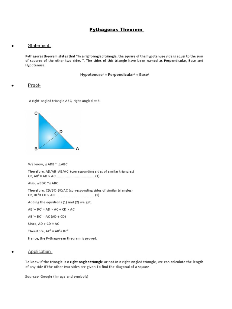 Pythagoras Theorem Statement-: Hypotenuse Perpendicular + Base | PDF