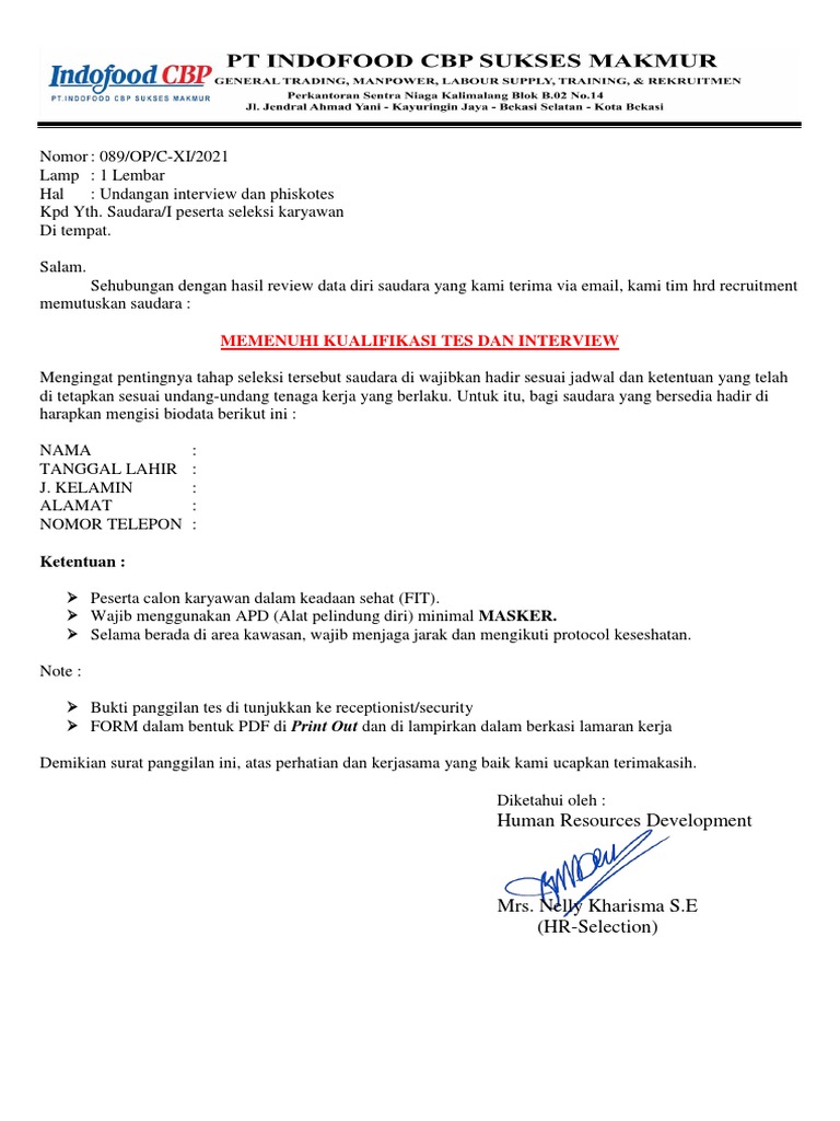 Undangan Tes Dan Interview Kerja PT Indofood CBP Sukses Makmur | PDF