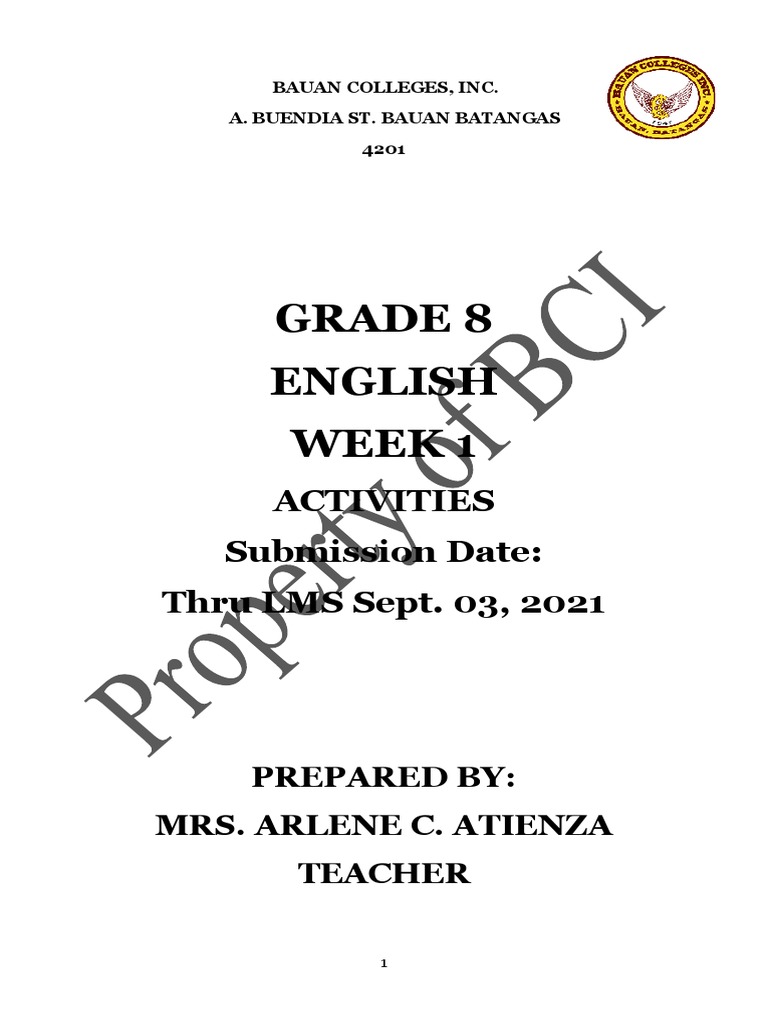 Grade 8 English Week 1 Activities Submission Date Thru LMS Sept 03
