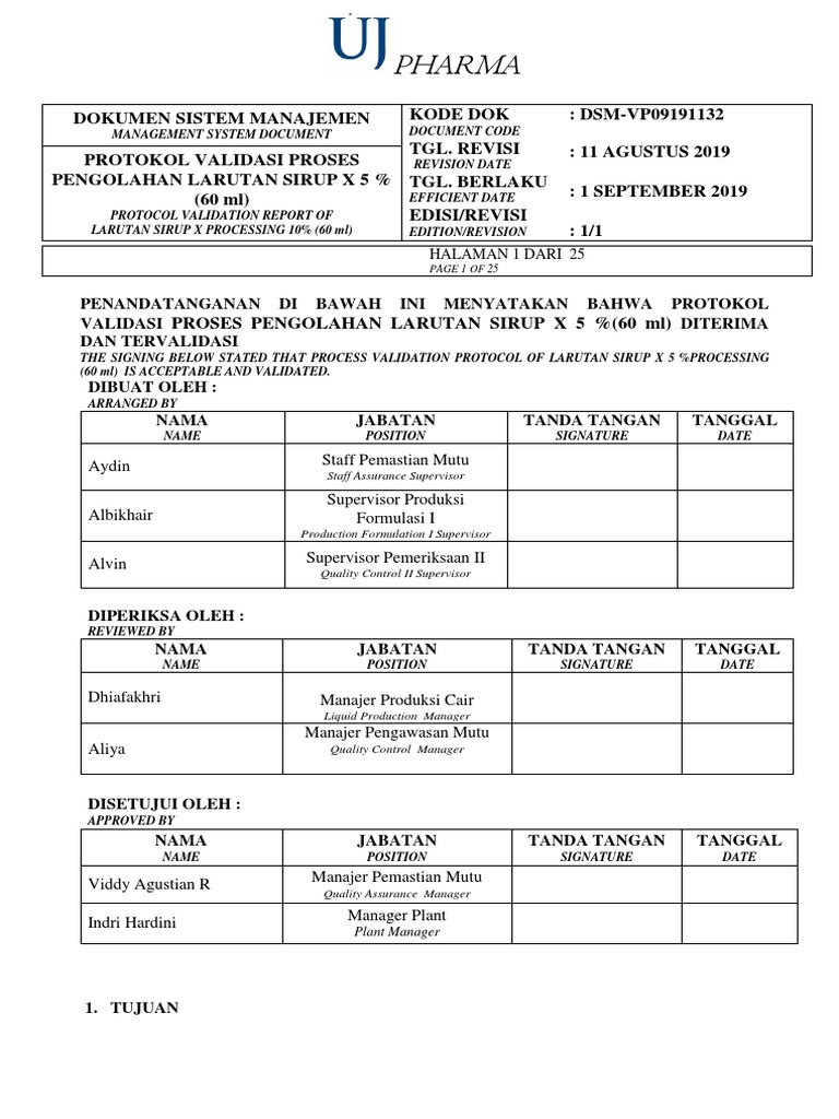 Protokol Validasi Proses Pengolahan Sirup X 60ML | PDF