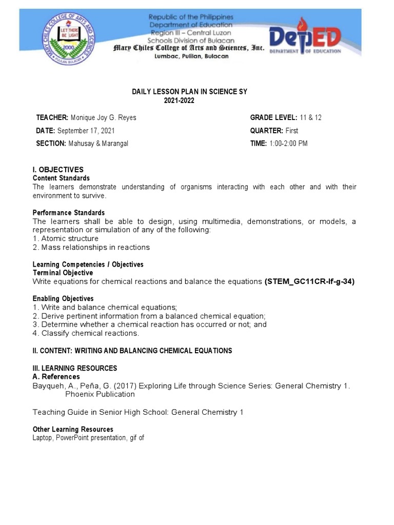 Lesson Plan in General Chemistry 1 | PDF | Learning | Chemistry