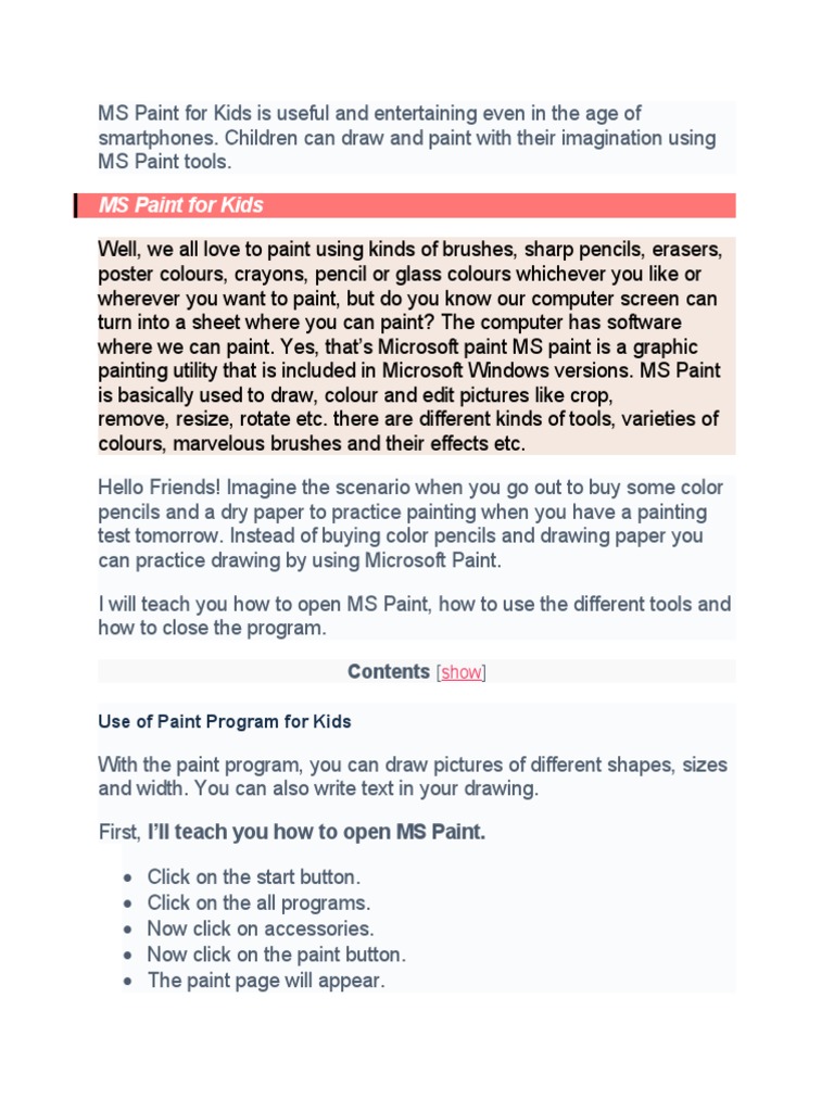 MS Paint For Kids | PDF | Software | Computing