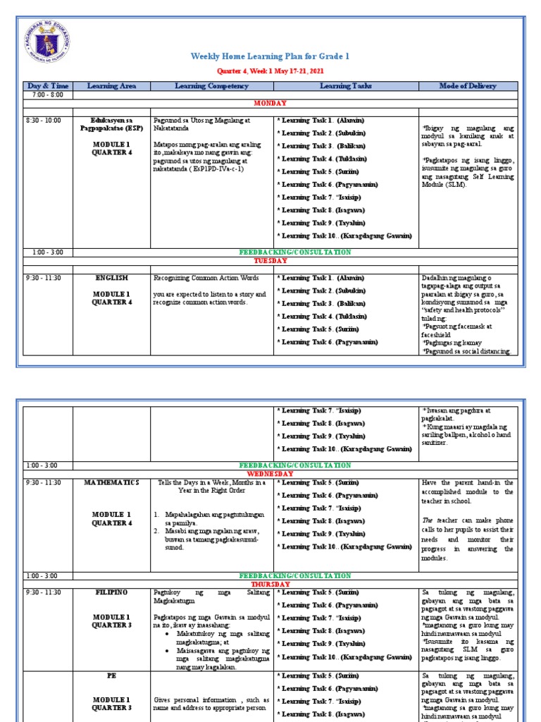 Weekly Home Learning Plan For Grade 1: Day & Time Learning Area ...