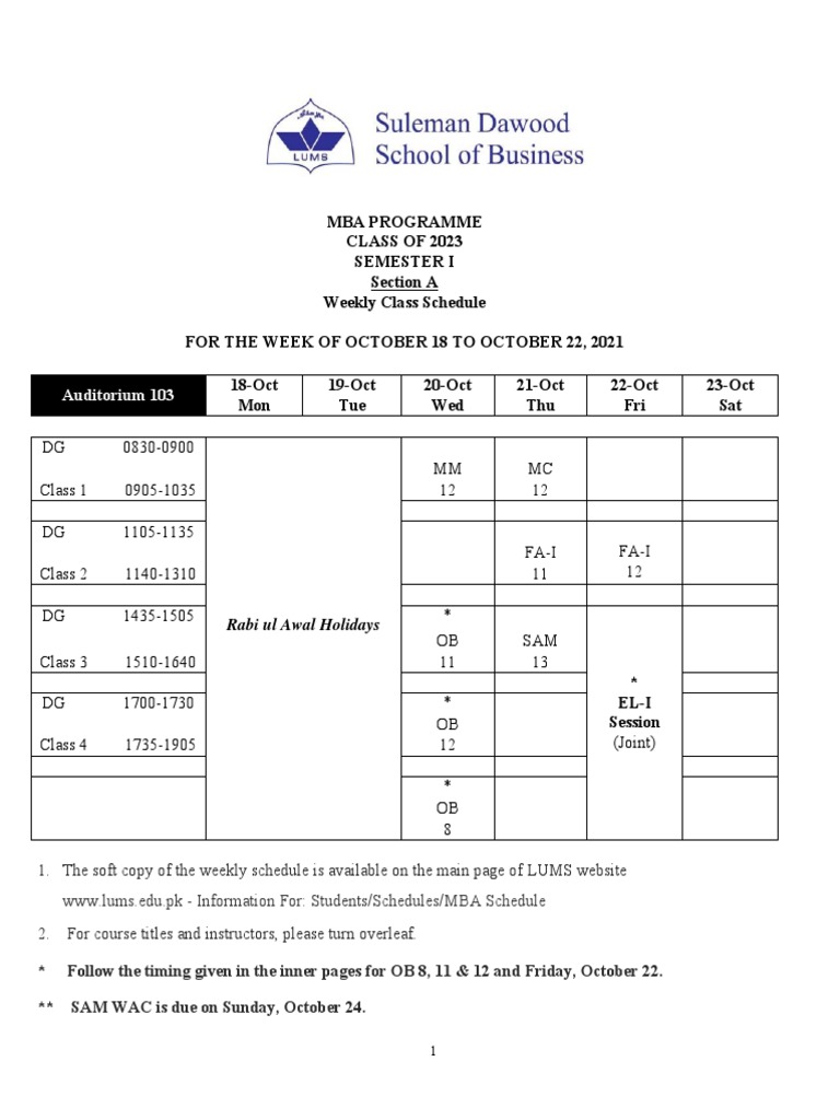 Weekly Class Schedule and Course Assignments for MBA Class of 2023 at ...