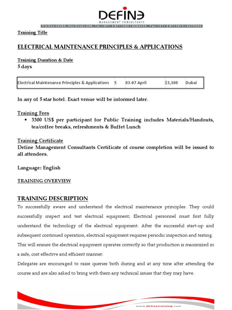 Electrical Maintenance Training - 5 Days Dubai $3,300 | PDF ...