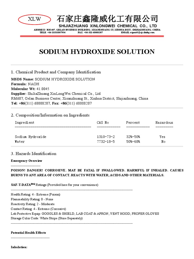 Sodium Hydroxide Solution MSDS | PDF | Sodium Hydroxide | Water