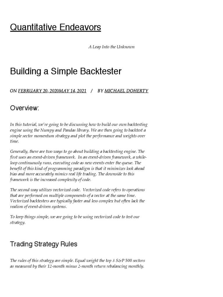 Building A Simple Backtester - Quantitative Endeavor (1) . | PDF ...