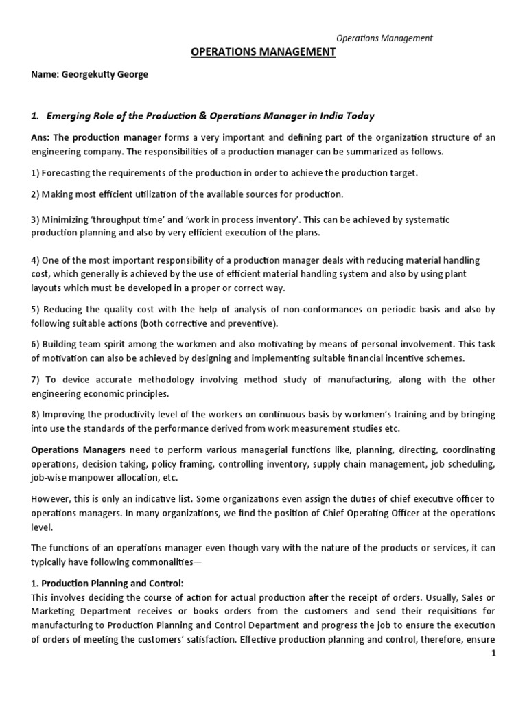 Operations Management: 1. Emerging Role of The Production & Operations ...