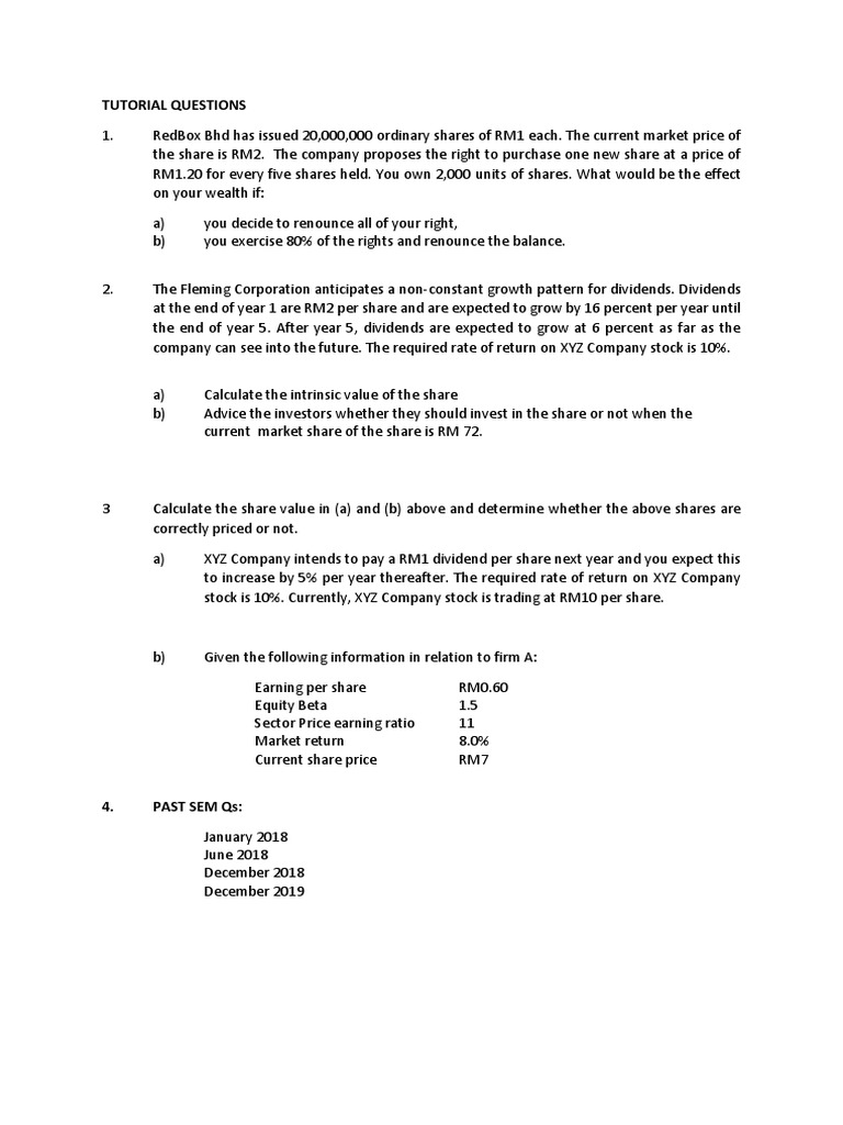 Maf653 Tutorial Questions - Shares (Student) | PDF | Stocks | Dividend