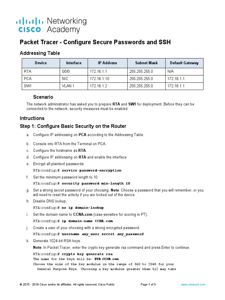 16.4.6 Packet Tracer - Configure Secure Passwords and SSH | PDF | Command Line Interface | Ip ...