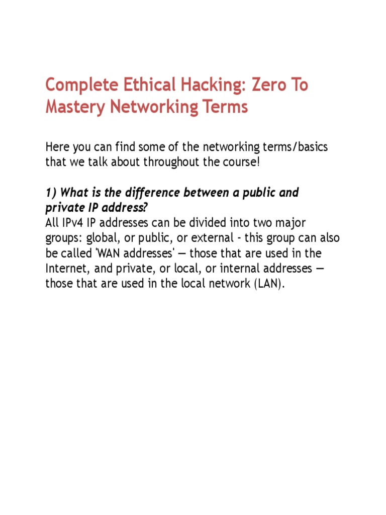 Complete Ethical Hacking: Zero To Mastery Networking Terms | PDF | Computer Network | Ip Address