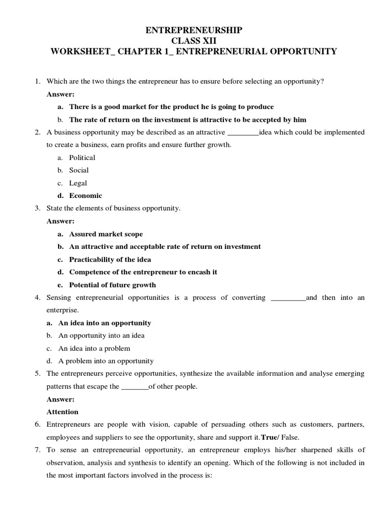 Chapter 1: Entrepreneurial Opportunity Worksheet | PDF ...