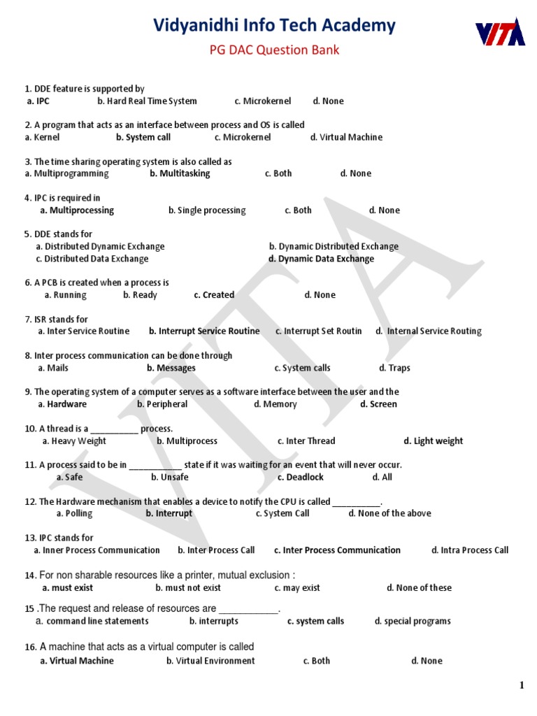 Vidyanidhi Info Tech Academy: PG DAC Question Bank | PDF | Scheduling (Computing) | Process ...