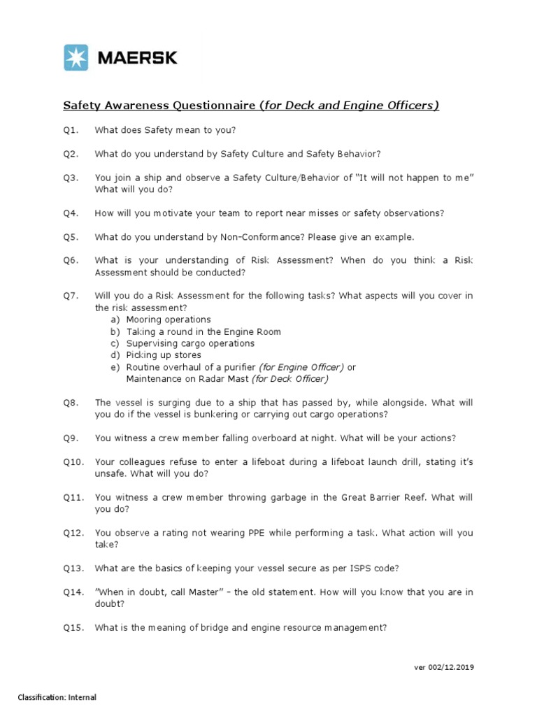Safety Questionnaire Deck Engine Officers | PDF | Transport | Watercraft