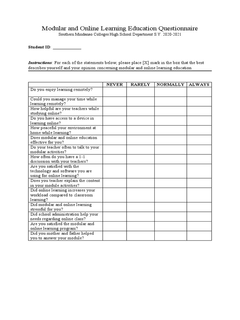 Modular and Online Learning Distance Education Questionnaire | PDF