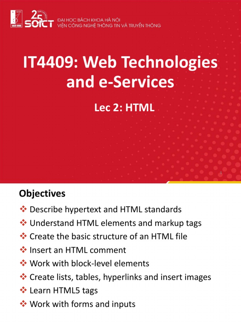 IT4409: Web Technologies and E-Services: Lec 2: HTML | PDF | Html | Html Element