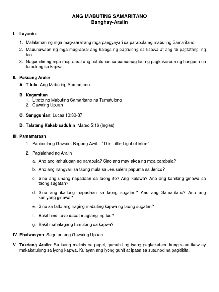 Pdfslide - Tips - Ang Mabuting Samaritano Banghay Aralin Paglalahad NG ...