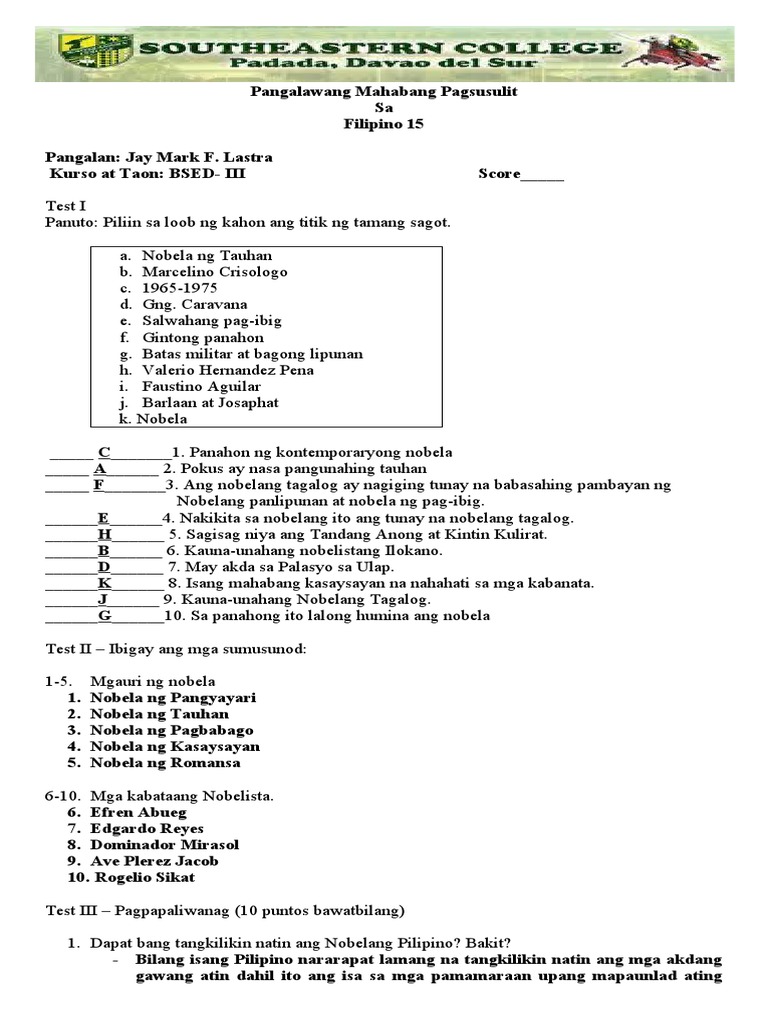 Jay Mark F. Lastra Filipino 15-Pangalawang Mahabang Pagsusulit | PDF