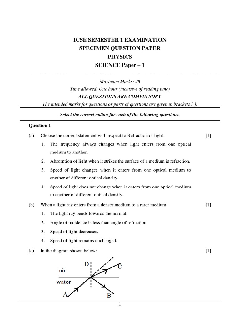 Icse Semester 1 Examination Specimen Question Paper Physics SCIENCE ...