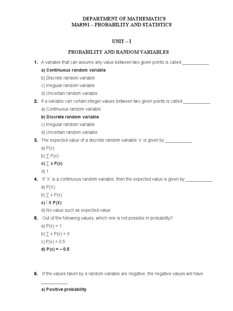 Probability and Random Variables: Department of Mathematics Ma8391 - Probability and Statistics ...
