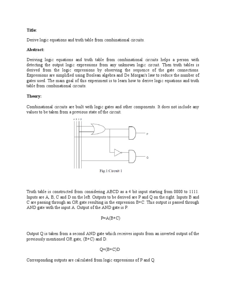 DLD LAB EXP 03 (Derive Logic Equations and Truth Table From Combinational Circuits.) - ACS | PDF ...