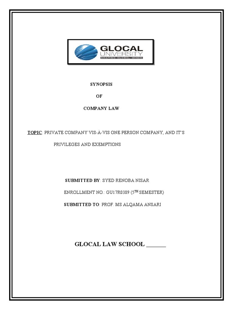 Synopsis of Company Law1 | PDF | Privately Held Company | Companies